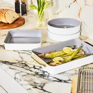 CARAWAY 11 Piece Ceramic Non-stick Mega Bakeware Set With Gold Handles - White/gold
