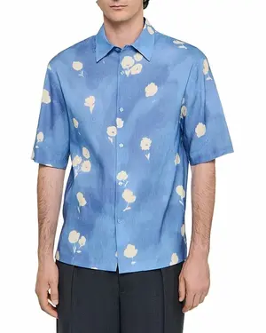 Sandro Water Flower Button Front Shirt - Blue Office