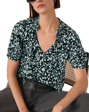 Whistles Animal Print Tie Neck Blouse - Teal Multi