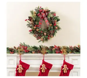 GLITZHOME 24'd Christmas Bell, Pinecone & Berry Bow Wreath - One-color