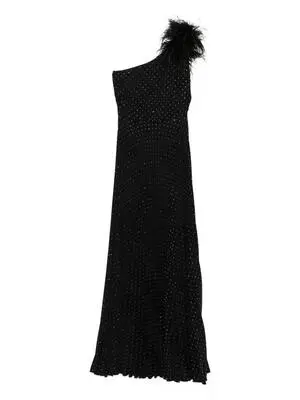 NISSA Feather Trimmed Embellished One-shoulder Maxi Dress
