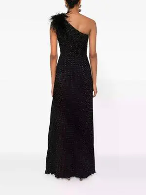 NISSA Feather Trimmed Embellished One-shoulder Maxi Dress