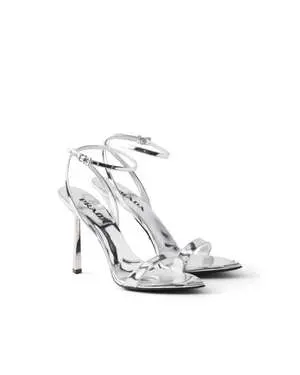 Prada Metallic Leather Heeled Sandals - Gold/silver