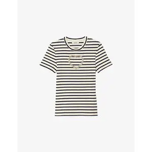 Sandro Striped Embellished-heart Stretch-cotton T-shirt - Ecru