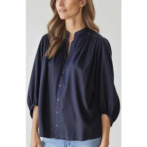 OCEAN+MAIN Cotton Poplin Peasant Top - Navy
