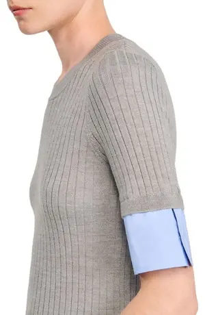 Sandro Fine Knit Pullover With Poplin Sleeves - Grey