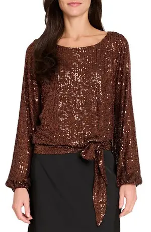 TAHARI ASL Sequin Tie-hem Top - Chocolate