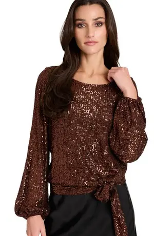 TAHARI ASL Sequin Tie-hem Top - Chocolate