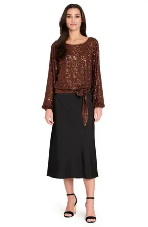 TAHARI ASL Sequin Tie-hem Top - Chocolate