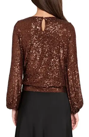 TAHARI ASL Sequin Tie-hem Top - Chocolate