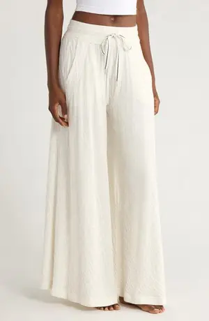 Free People Drawstring Cotton Wide Leg Pants - Oatmeal Heather Combo