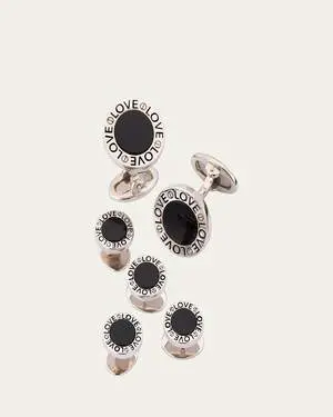 JAN LESLIE Onyx Love Sterling Silver Cufflink And Stud Set