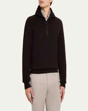 Brioni Cashmere And Silk Knit Half-zip Sweater - Coffee