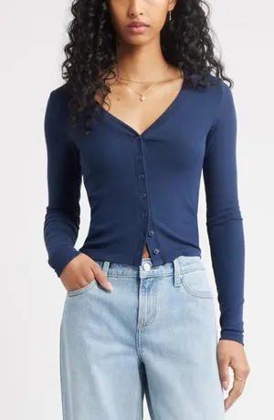 Bp. Ribbed V-neck Cardigan - Navy Iris