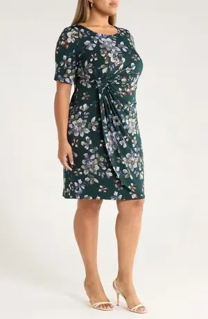 CONNECTED APPAREL Floral Ruched Knit Dress - Hunter