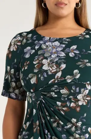 CONNECTED APPAREL Floral Ruched Knit Dress - Hunter