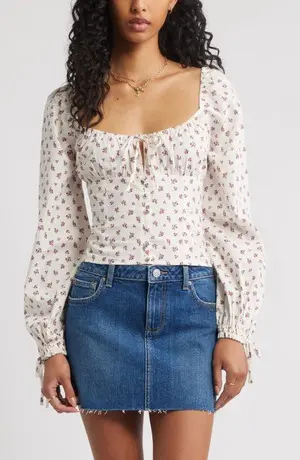 Bp. Long Sleeve Corset Cotton Crop Top - Ivory- Pink Lena Floral