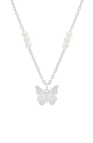 Estée Lauder Butterfly & Faux Pearl Pendant Necklace - Silver