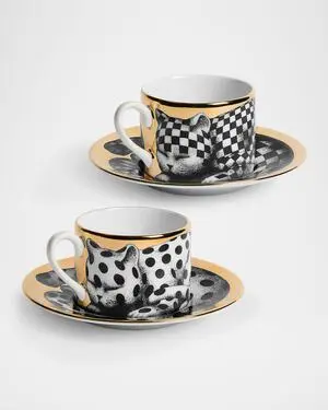 FORNASETTI High Fidelity Tea Cups & Saucers, Set Of 2 - Blackgoldwhite