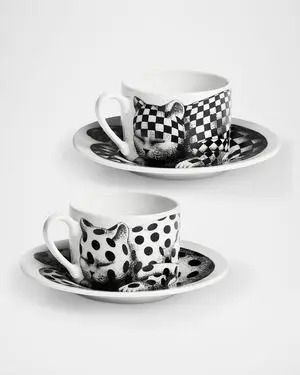 FORNASETTI High Fidelity Tea Cups & Saucers, Set Of 2 - Blackwhite