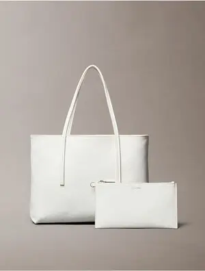 Calvin Klein Allover Emblem Logo Small Tote Bag With Pouch - Lily White Aop
