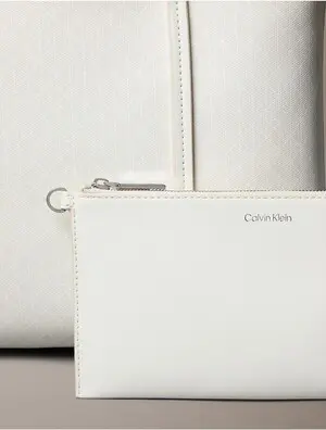 Calvin Klein Allover Emblem Logo Small Tote Bag With Pouch - Lily White Aop