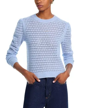 Aqua 100% Cashmere Openwork Crewneck Sweater - Chambray