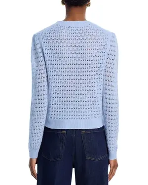 Aqua 100% Cashmere Openwork Crewneck Sweater - Chambray