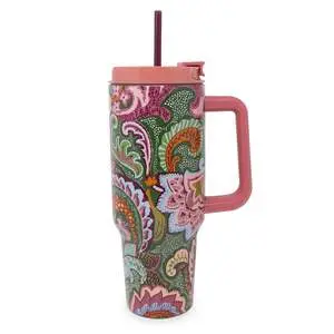 VERA BRADLEY Stainless Steel Xl Tumbler W/handle In Leaf Me Not Paisley - Green/orange