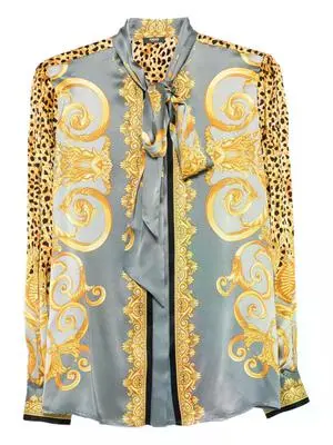 Versace Cheetah Foulard Silk Lavallière Shirt - Grey
