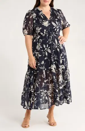 GIBSONLOOK Kira Print Drawstring Maxi Dress - Navy White Floral
