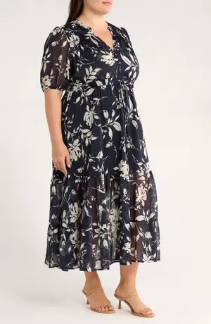GIBSONLOOK Kira Print Drawstring Maxi Dress - Navy White Floral