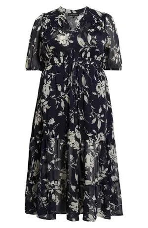 GIBSONLOOK Kira Print Drawstring Maxi Dress - Navy White Floral