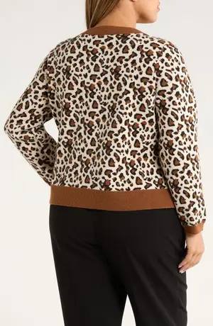 TAHARI ASL Leopard Jacquard Knit Cardigan With Crest Buttons