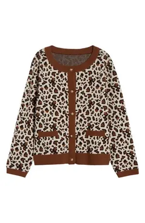 TAHARI ASL Leopard Jacquard Knit Cardigan With Crest Buttons