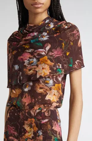 Lela Rose Floral Chiffon Cowl Neck Top