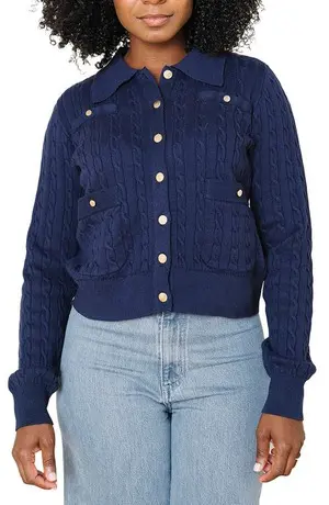 HOPE & HENRY Organic Cable Knit Collared Cardigan Sweater