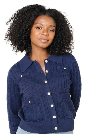 HOPE & HENRY Organic Cable Knit Collared Cardigan Sweater