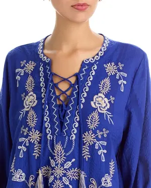 Johnny Was Tie-front Kimono Sleeve Embroidered Dress