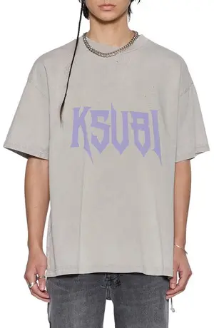 Ksubi Blasted Ekcess Oversize Distressed Graphic T-shirt Washed Grey