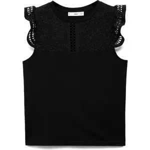 Mango Embroidered Eyelet Cotton Top - Black