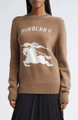 Burberry Classic Equestrian Knit Crewneck Sweater Camel
