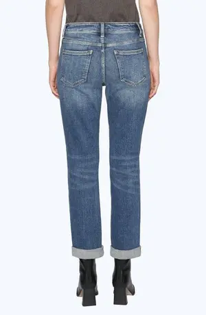 BAYEAS High Waist Rolled Cuff Straight Leg Jeans - Dark Blue