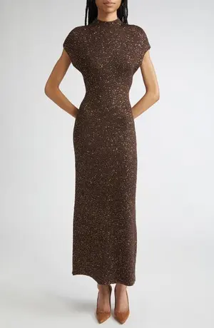 Lela Rose Funnel Neck Sequin Knit Maxi Dress