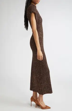 Lela Rose Funnel Neck Sequin Knit Maxi Dress