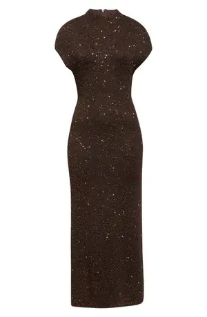 Lela Rose Funnel Neck Sequin Knit Maxi Dress