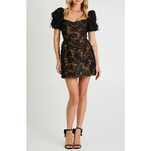 HELSI Sequin Floral Appliqué Cocktail Minidress - Black