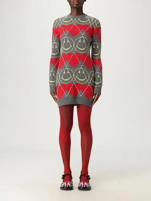 Moschino Smiley Face" Argyle Sweater Dress - Red