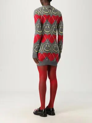 Moschino Smiley Face" Argyle Sweater Dress - Red