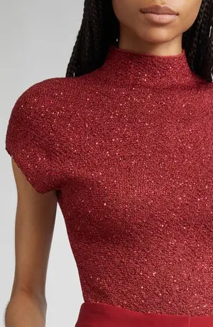 Lela Rose Sequin Knit Mock Neck Top